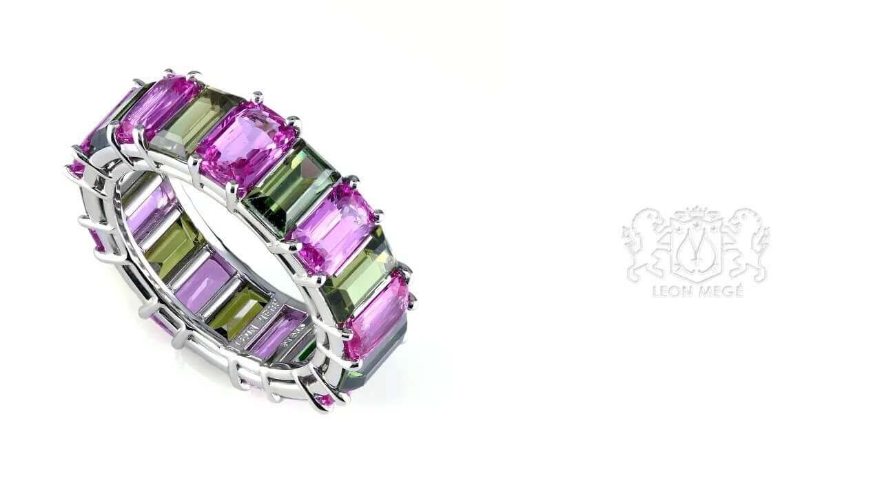 Leon Megé shared prong multi-colored band with natural pink and olive ...